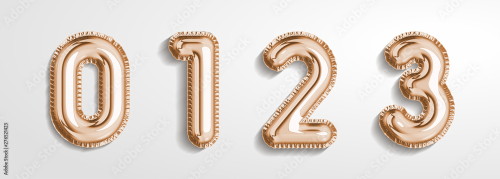 Soft rose Gold balloon number 0, 1, 2, 3 realistic 3d render air ...