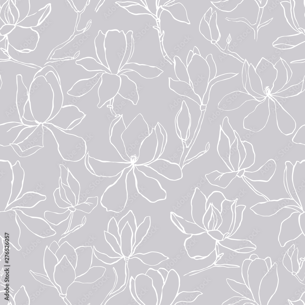 Magnolia.Floral vector background in line style. Seamless pattern ...