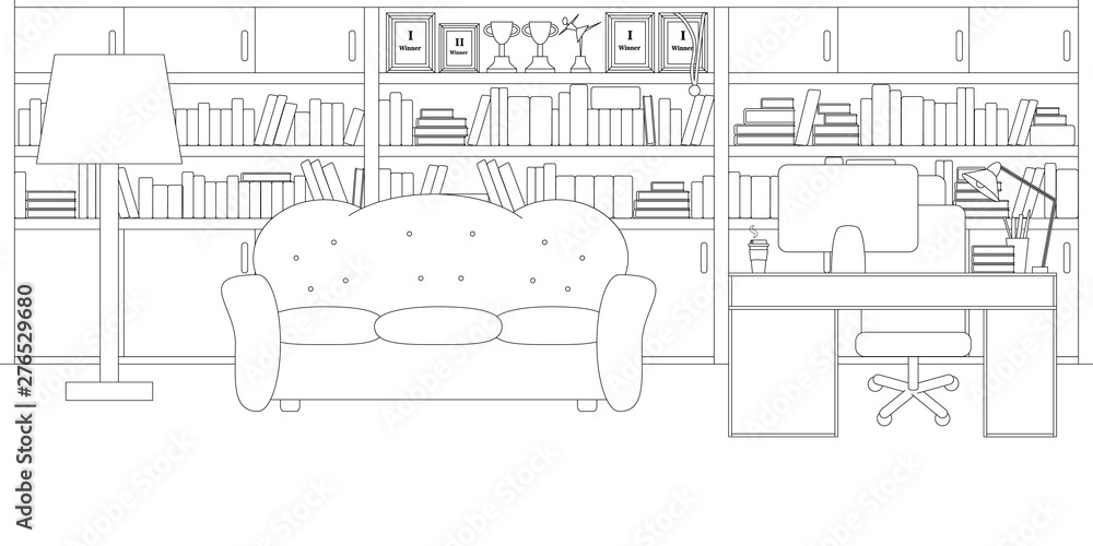 Vector Line Illustration of Home Office and Library. White and Black ...