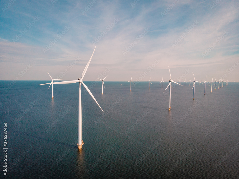 windmill farm renewable enrgy, green energy with windmill park in ocean ...