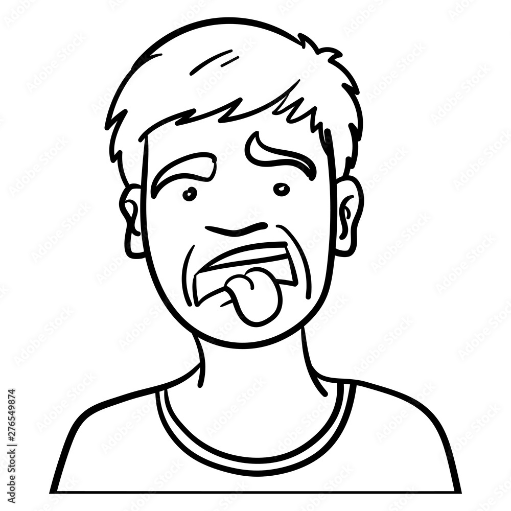 Vector comic drawing of a boy's head who is disgusted. black, white ...