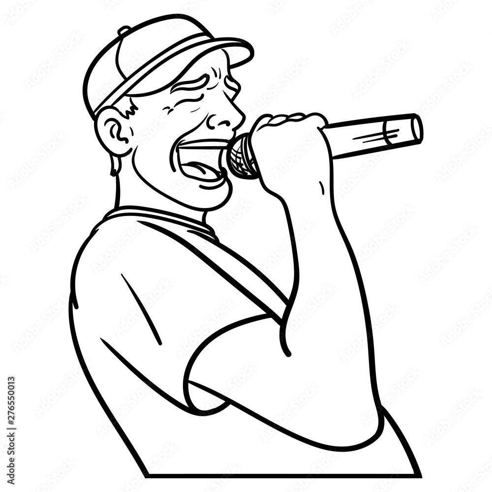vector comic drawing of a singer screaming in a microphone. hand, cap ...