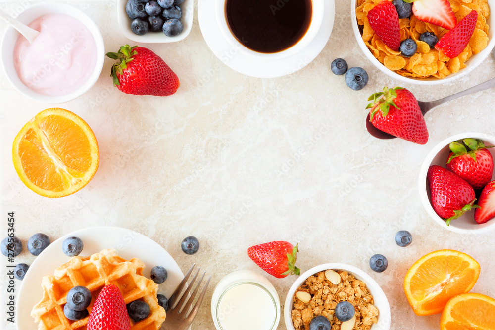 Breakfast food frame. Fruits, cereal, waffles, yogurt, coffee and milk ...