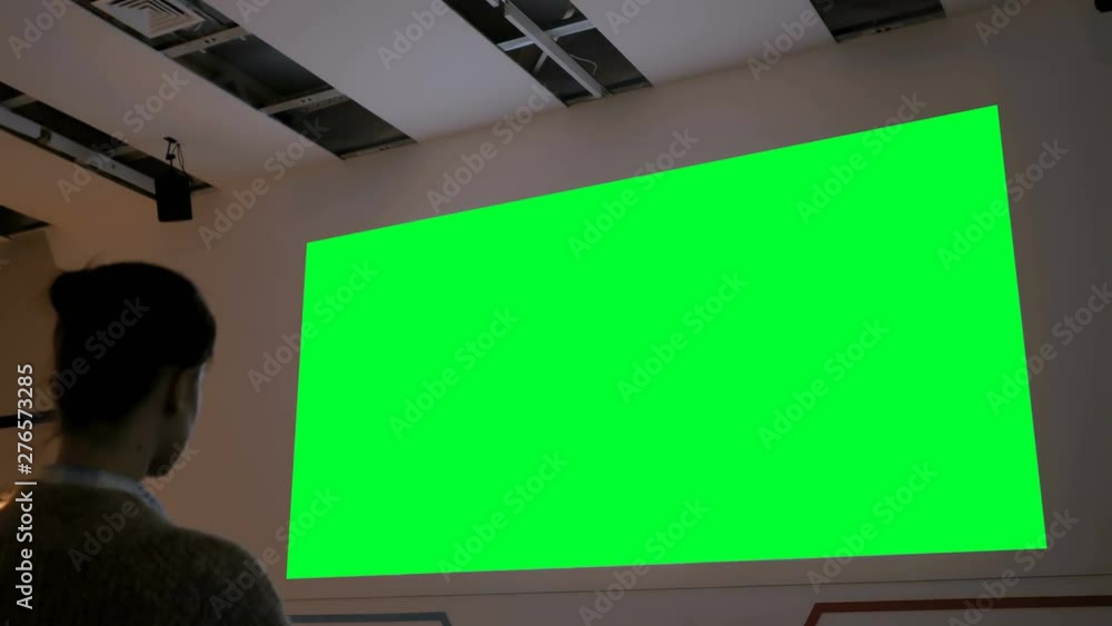 Woman looking at large blank green screen at science exhibition, museum ...