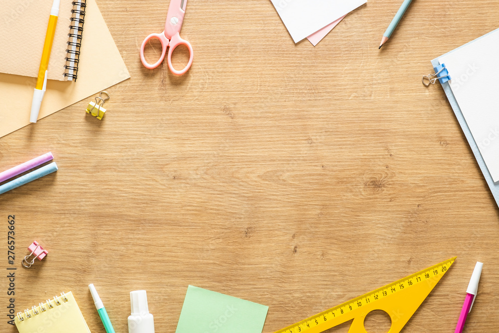 Flat lay school stationery on a wooden background. Back to school ...