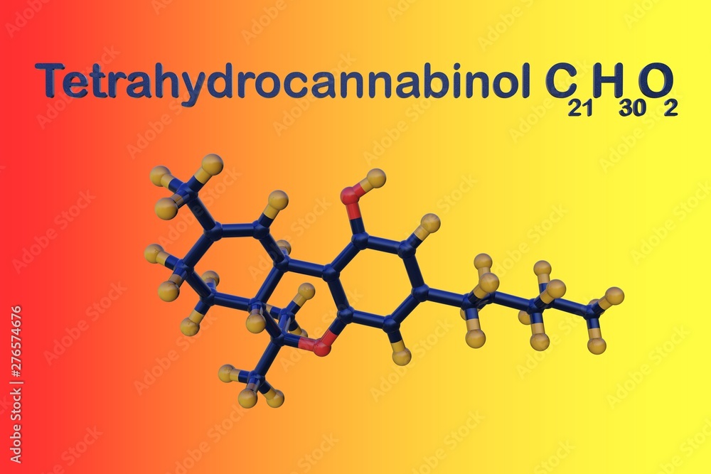 Structural chemical formula and molecular model of dronabinol or ...