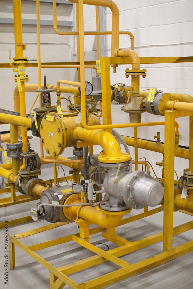 Yellow high-pressure gas pipeline pipes with adjustment sensors. Gas ...