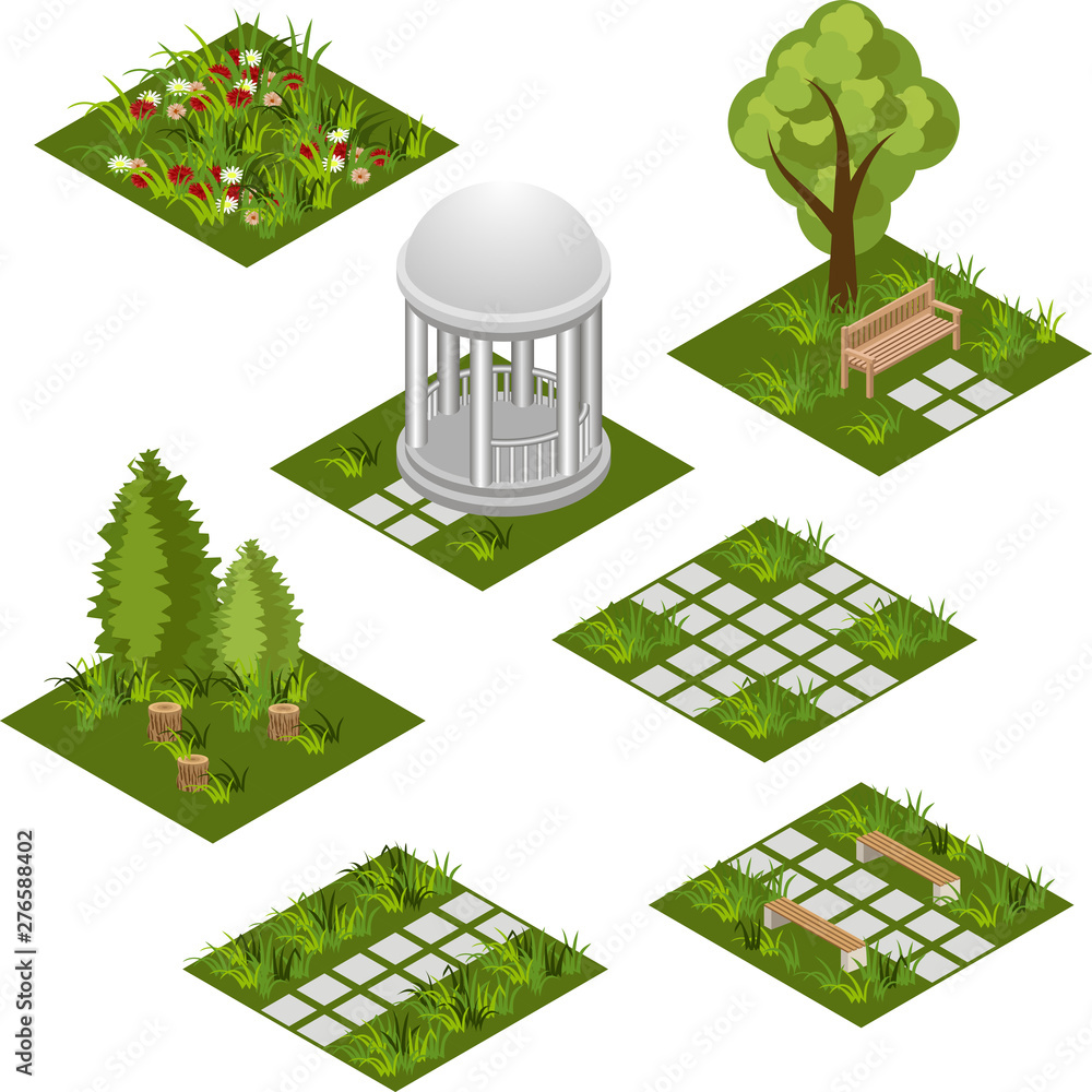 Garden isometric tile set. Isolated isometric tiles to design garden ...