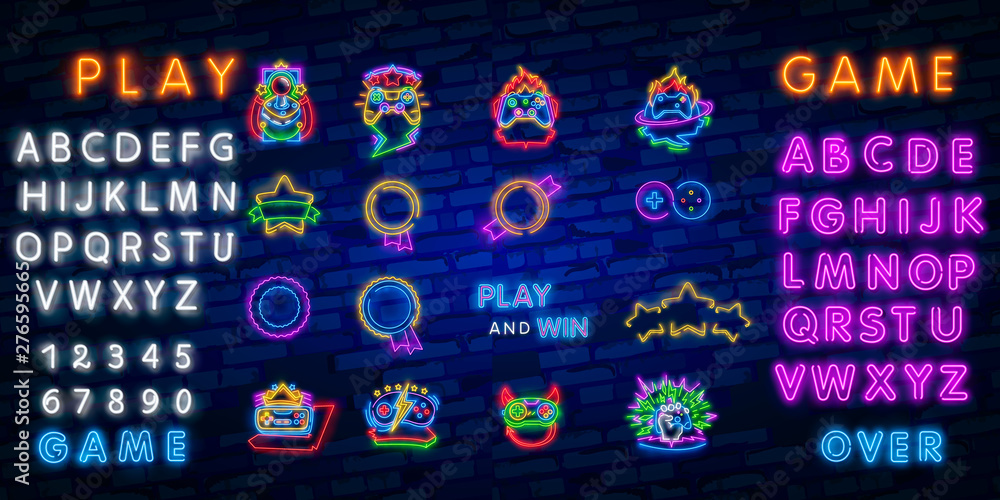 Big set neon sing. Game room label and logo. Gamer banner, logo, emblem ...