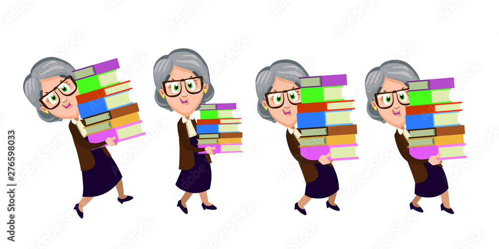 Senior woman in knitted jacket holding books and going to somewhere ...