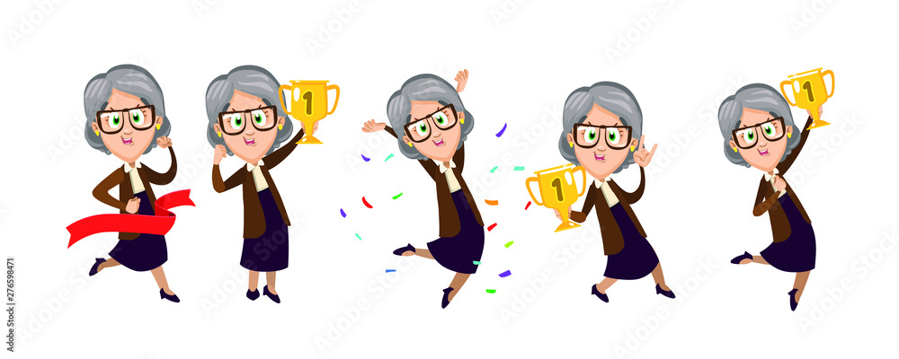 Cartoon set of grannies jumping for joy with prize gold cups. Senior ...
