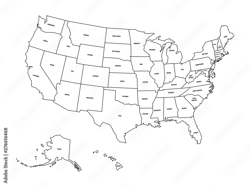 Political map of United States od America, USA. Simple flat black ...