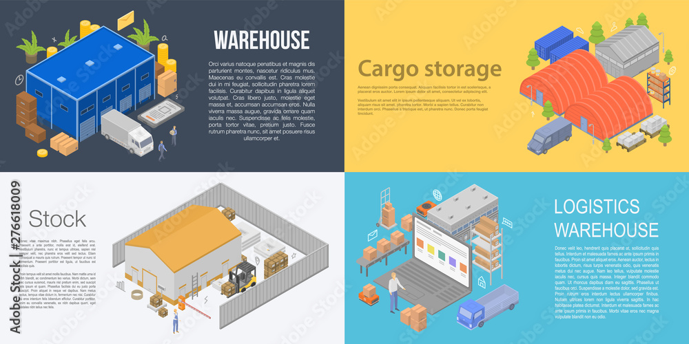 Warehouse building banner set. Isometric set of warehouse building ...