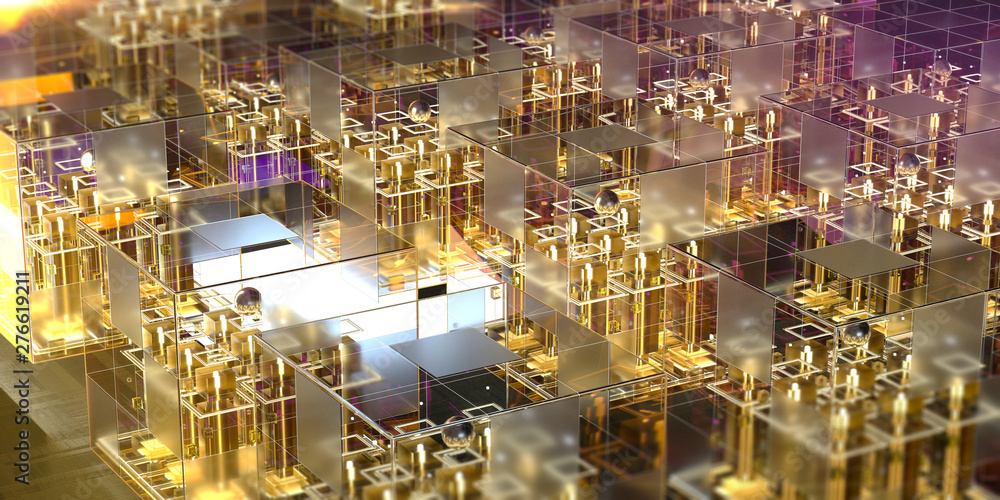 glass block with glowing micro chips in them and abstract structures ...