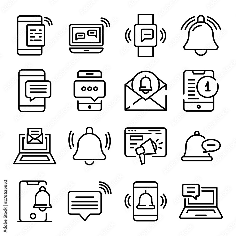 Notification icons set. Outline set of notification vector icons for ...