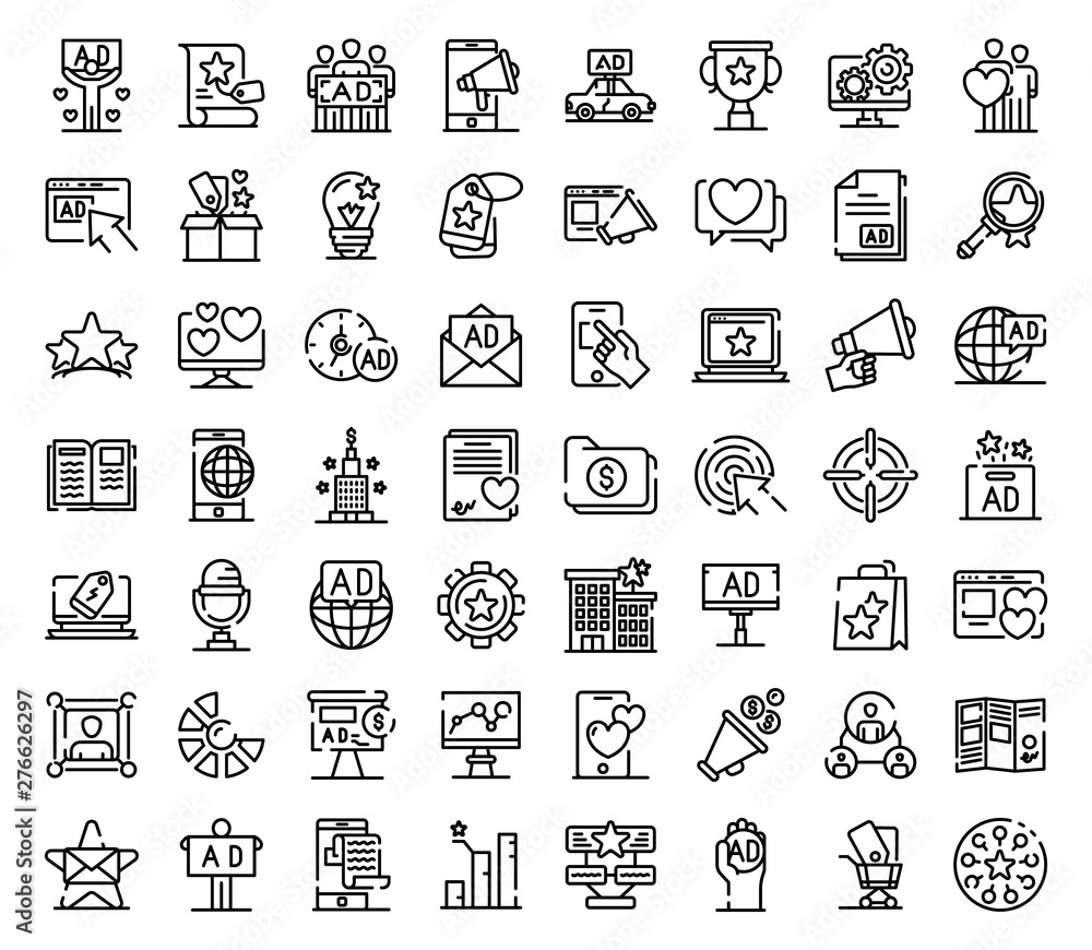 Advertising agency icons set. Outline set of advertising agency vector ...