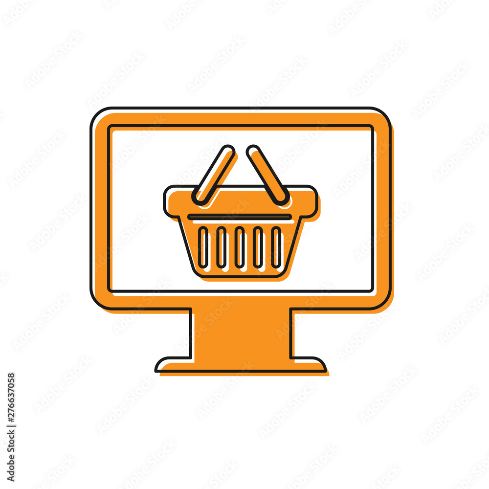 Orange Computer monitor with shopping basket icon isolated on white ...