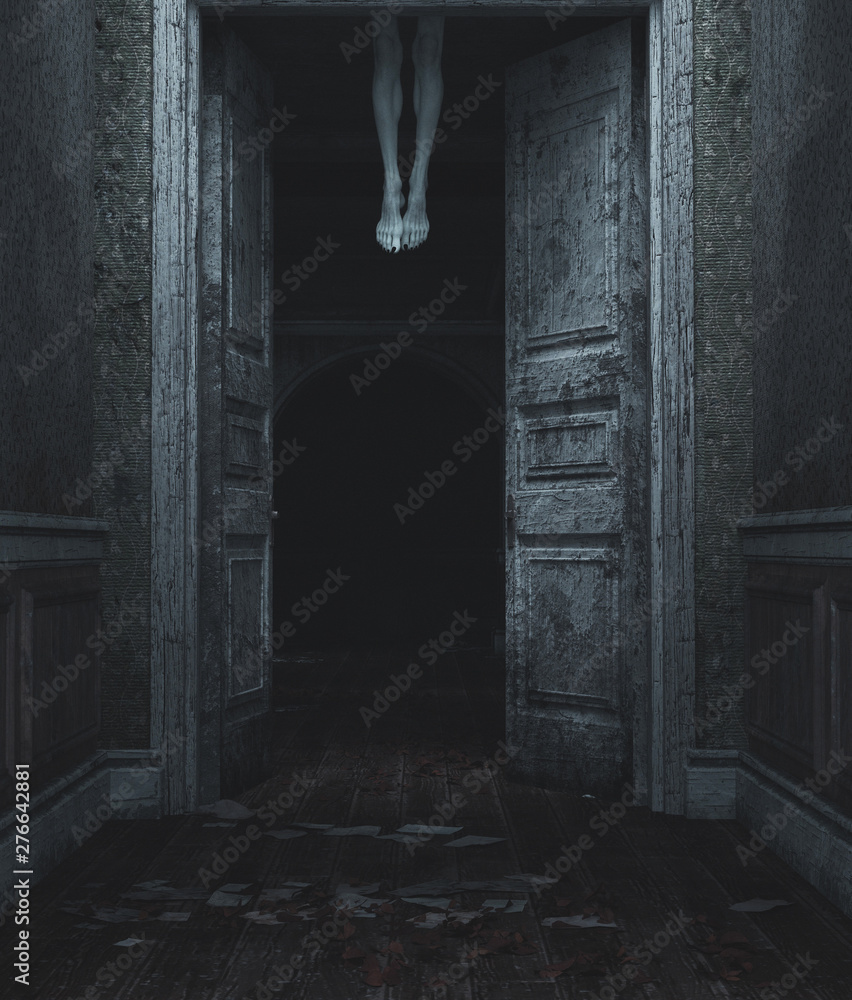 Devil's legs,3d illustration of dead body's legs hang from the ceiling ...