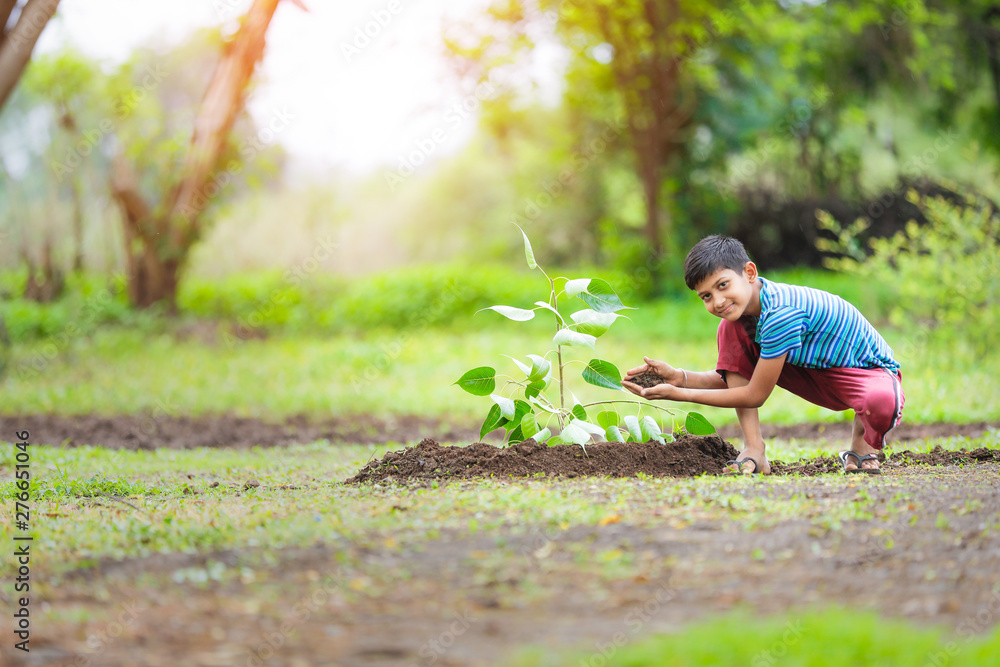 kid planting tree and showing empty board Stock Photo | Adobe Stock