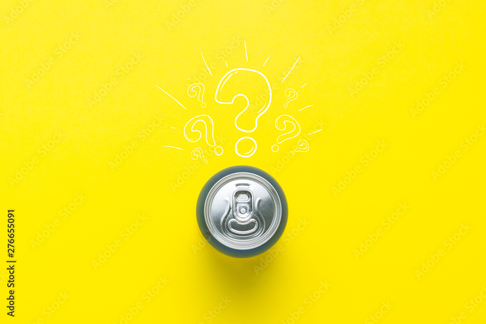 Tin can with a drink on a yellow background with a question mark ...