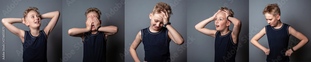 The collage of faces of anger, boy on gray backgrounds. Human emotions ...