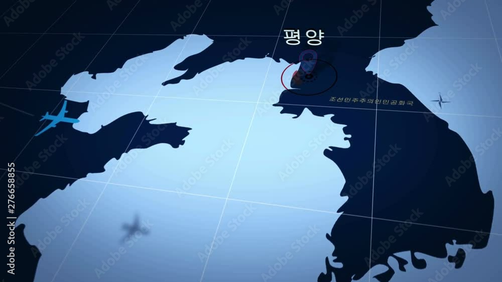 Pyongyang in Korean on simple blue map. Plane symbol with trail flight ...