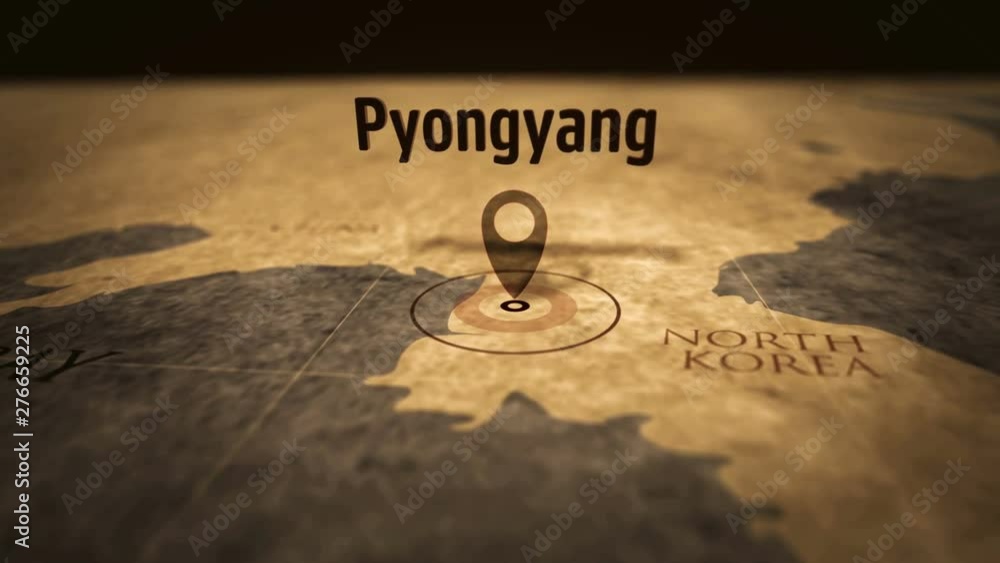 Pyongyang city on retro map in sepia color. Old atlas chart with mark ...