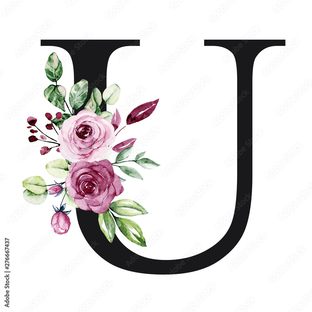 Floral alphabet, letter U with watercolor flowers and leaves. Monogram ...