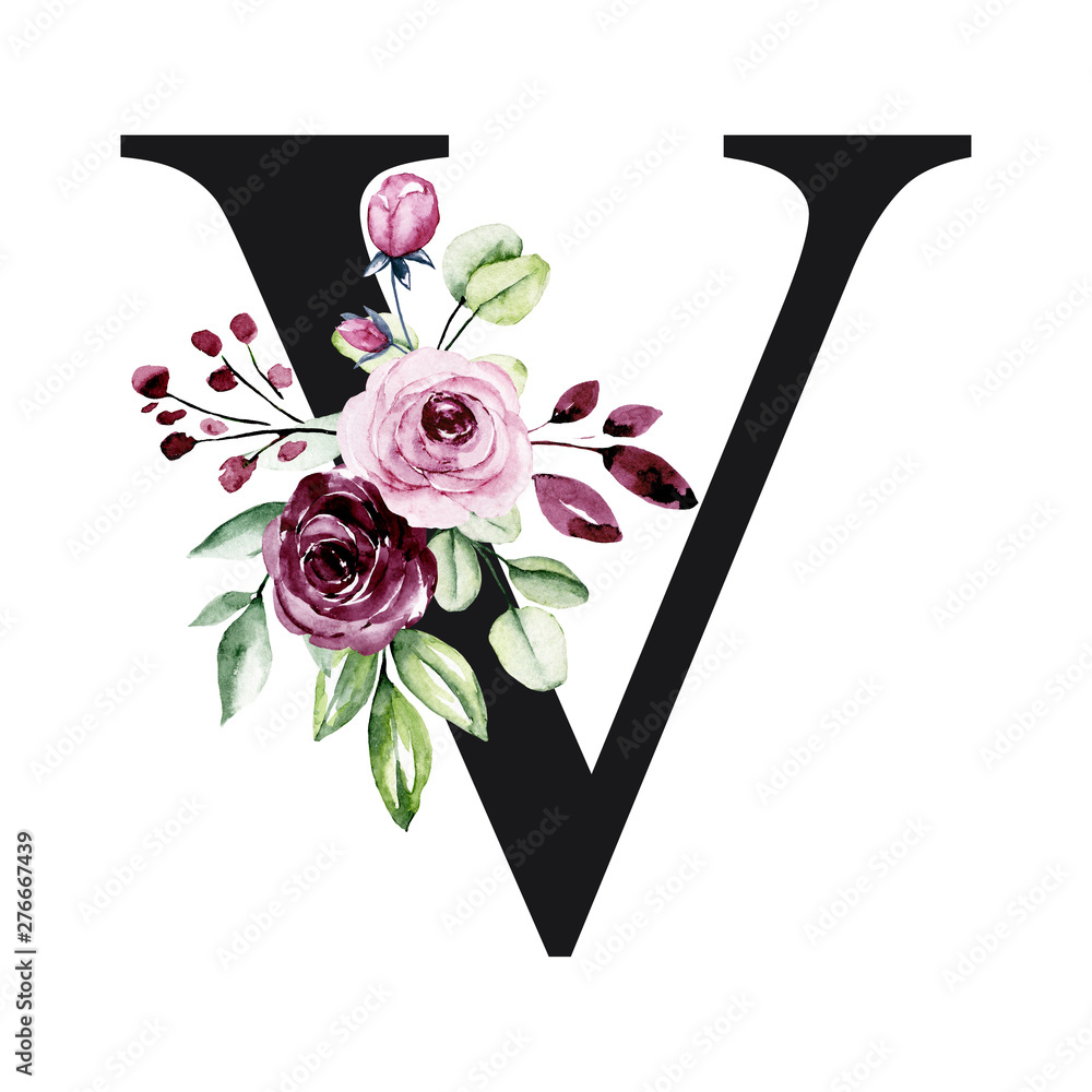 Floral alphabet, letter V with watercolor flowers and leaves. Monogram ...