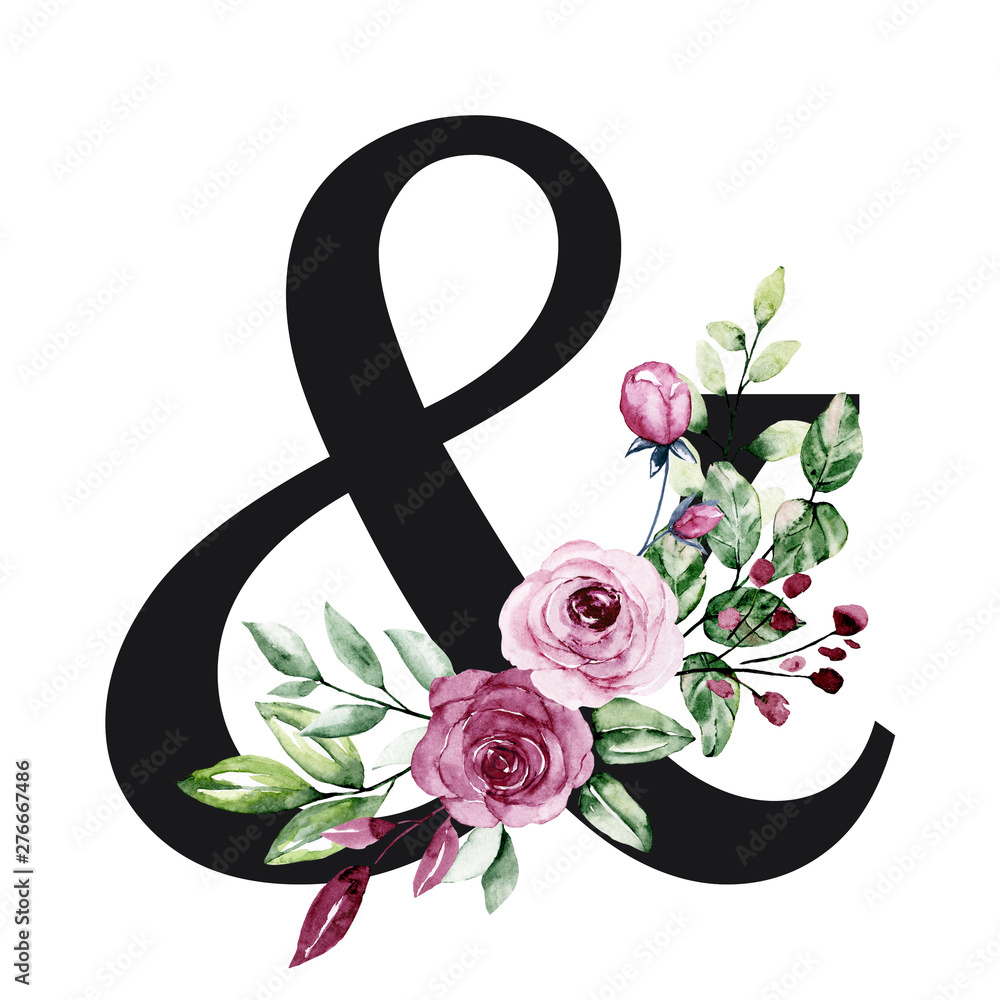 Floral alphabet, letter & with watercolor flowers and leaves. Monogram ...