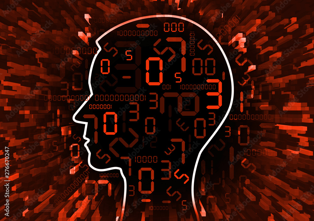 Human Head and stream of red digital numbers. Illustration of stylized ...