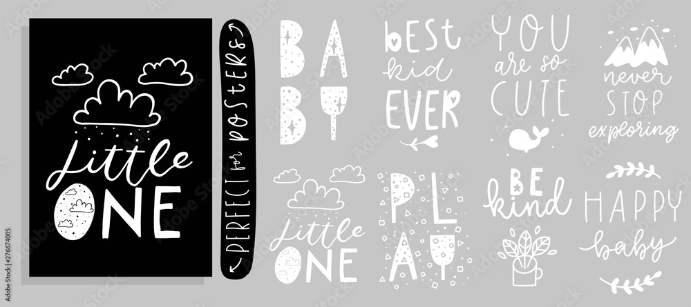 Stylish children phrases, hand drawn lettering with cute details and ...