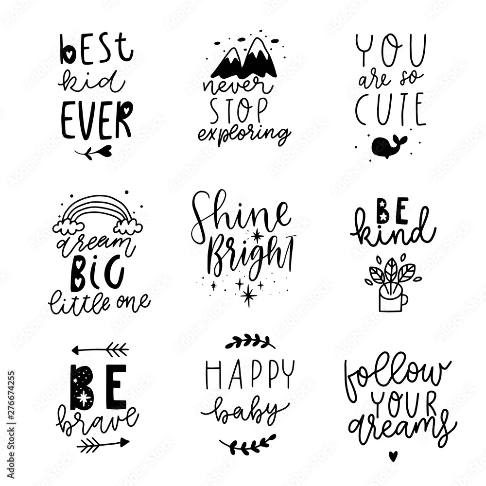 Stylish children phrases, hand drawn lettering with cute details and ...