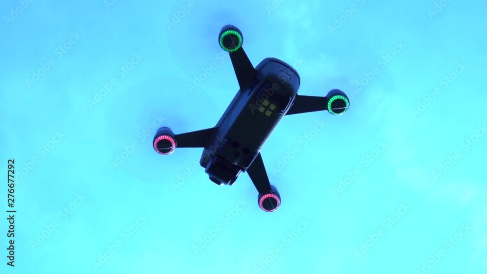 Extreme close up of the drone flying at blue sky in the sunny morning ...