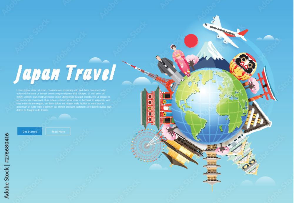 Japan famous landmarks travel background with tokyo tower, fuji ...