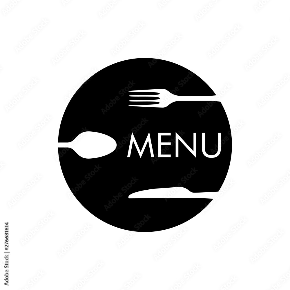 Logotipo abstracto con texto MENU con cubiertos en espacio negativo en ...
