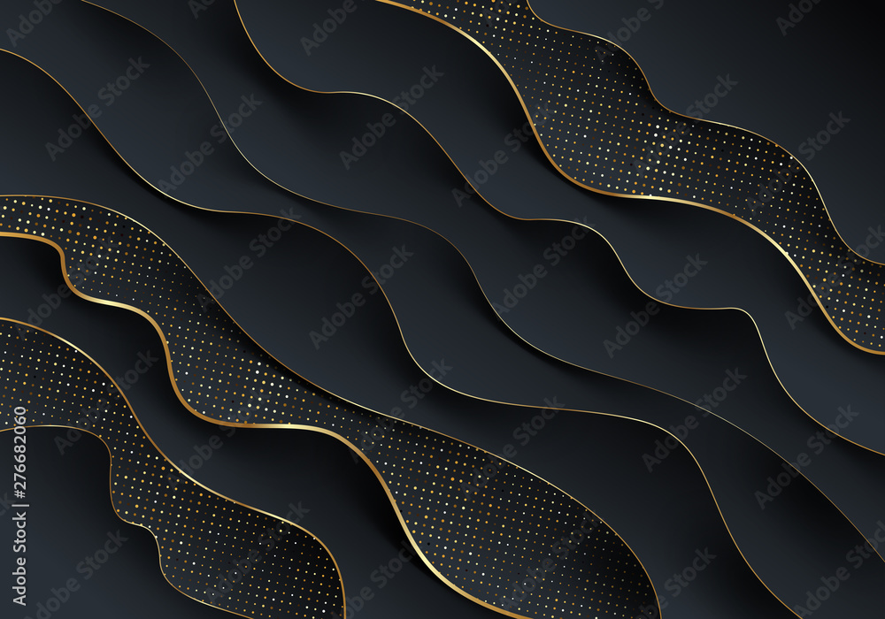 Abstract vector black and gold background. Fluid wavy layered shape ...