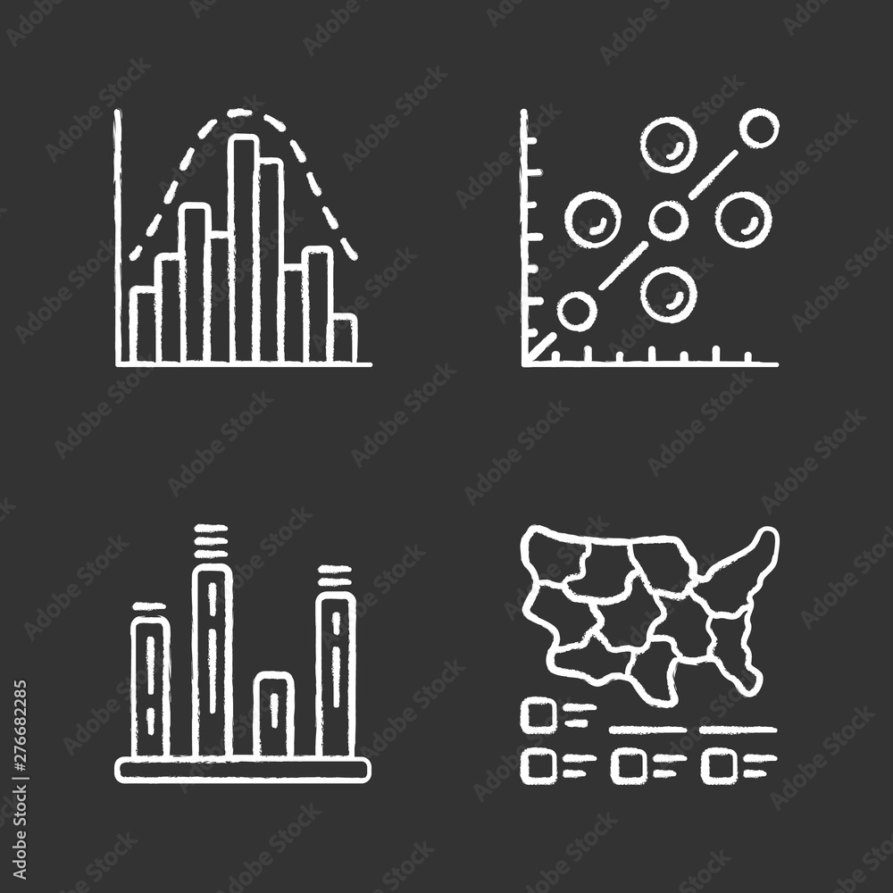 Diagrams chalk icons set. Histogram, bar graph, scatter plot, cartogram ...
