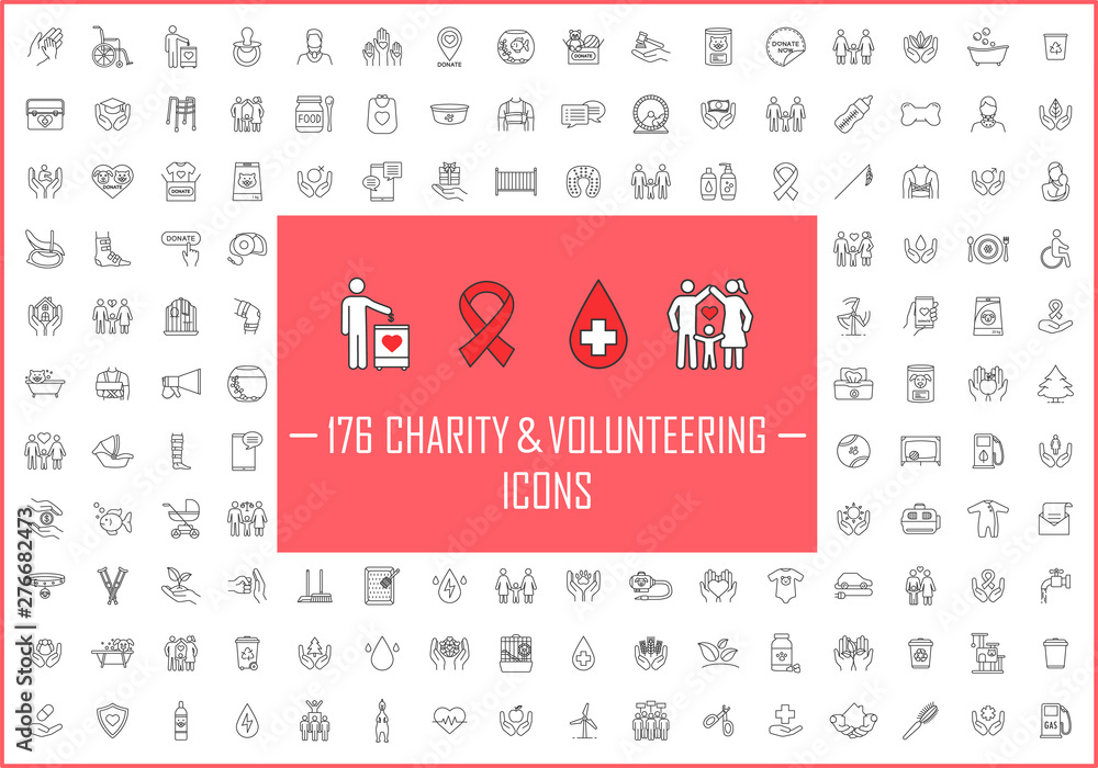 Charity and volunteering linear icons big set. Thin line contour ...