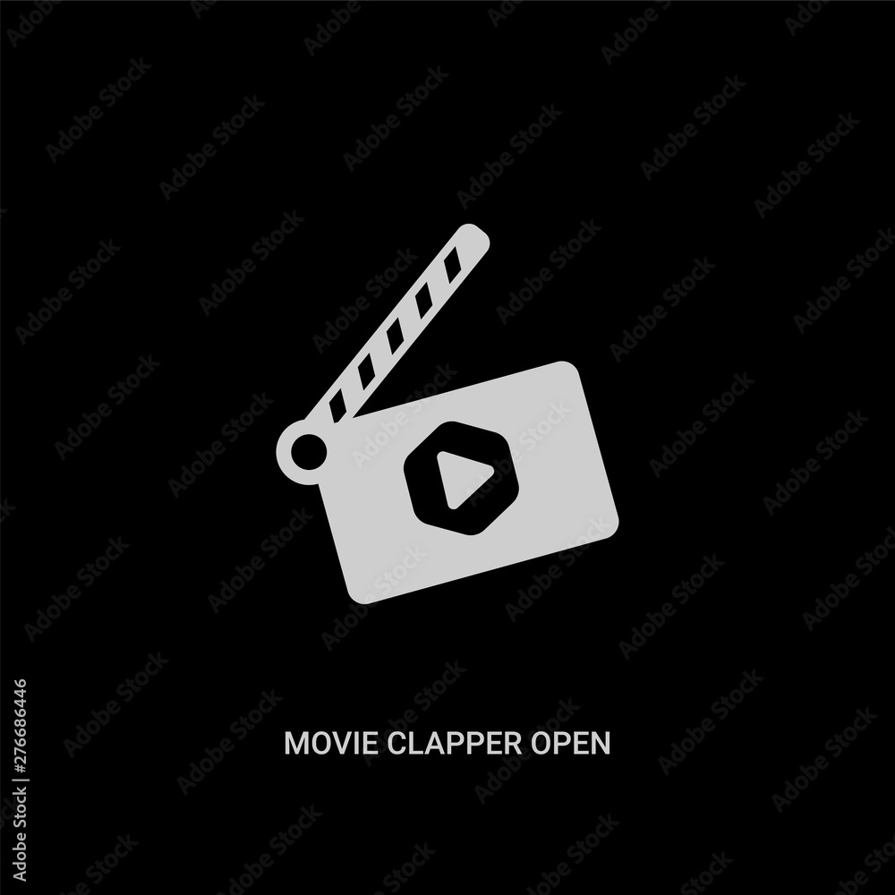 Vecteur Stock white movie clapper open vector icon on black background. modern flat movie ...