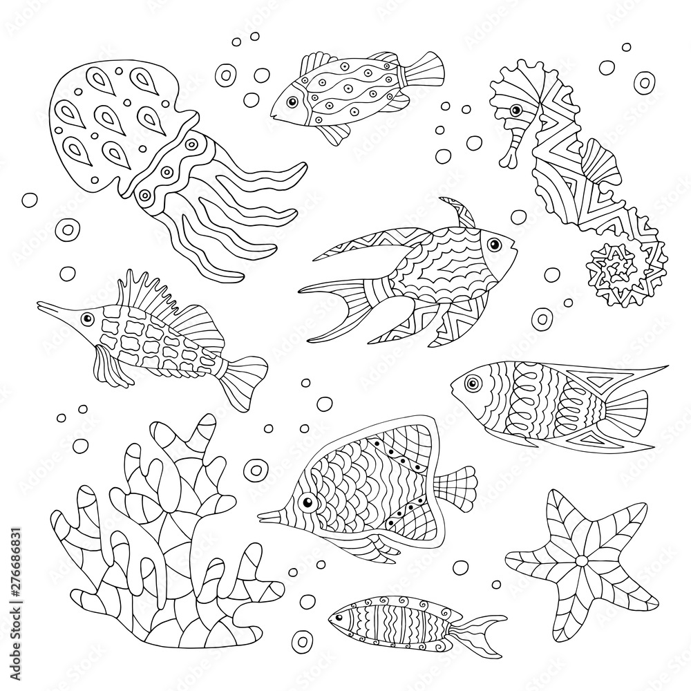 Hand drawn sea fish, coloring page Stock Vector | Adobe Stock