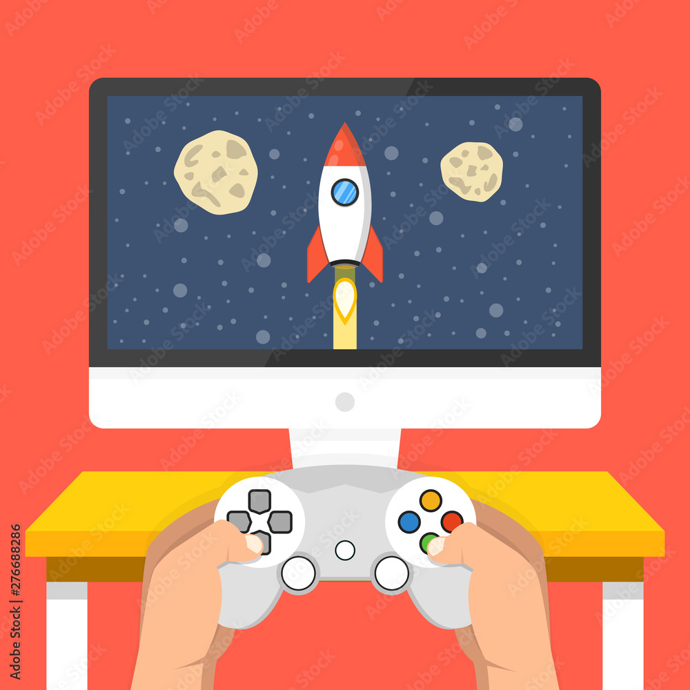 Gaming concept. Man holding in hands gamepad and playing in rocket ...