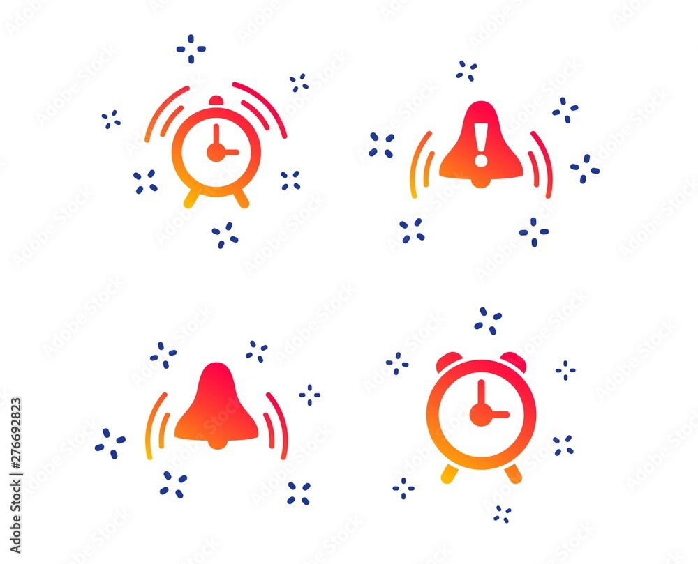 Alarm clock icons. Wake up bell signs symbols. Exclamation mark. Random ...