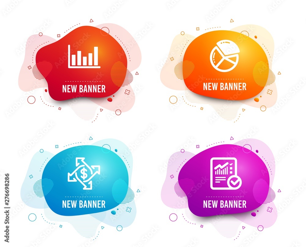 Liquid badges. Set of Payment exchange, Column chart and Pie chart icons. Checked calculation ...