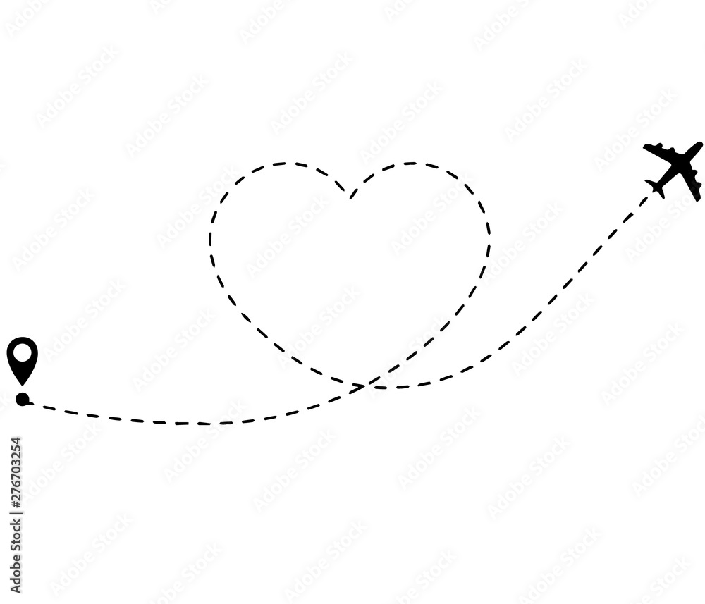 Love airplane route. Romantic travel, heart dashed line trace and plane ... Love airplane route. Romantic travel, heart dashed line trace and plane ...