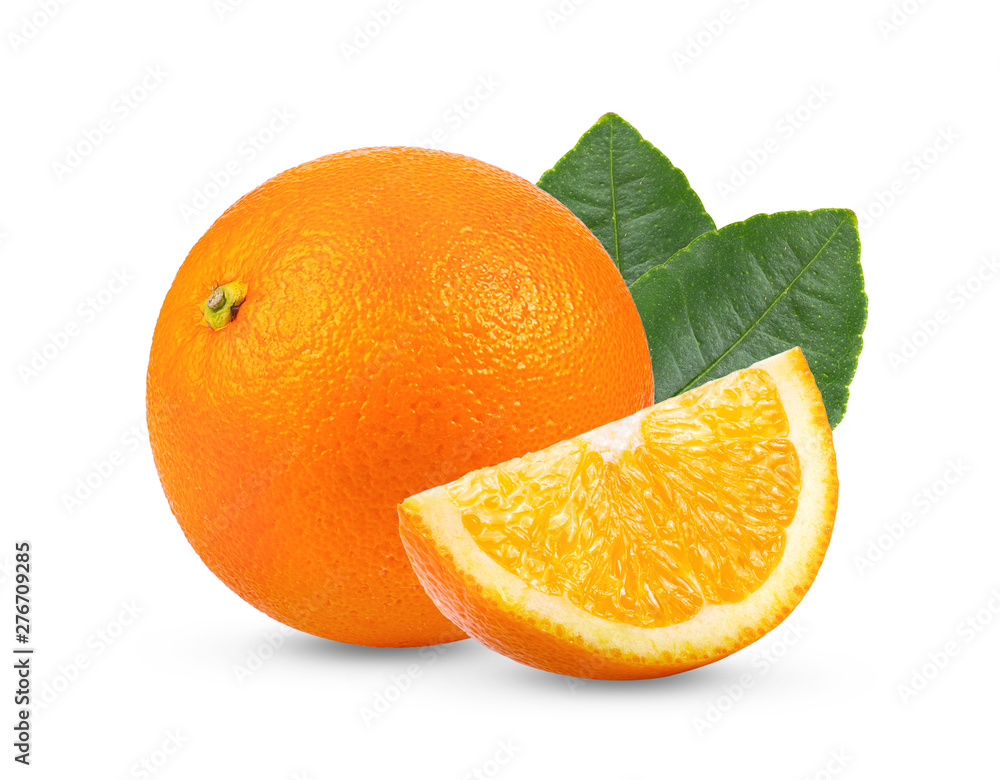 orange fruit with leaf isolated on white background. Full depth of ...