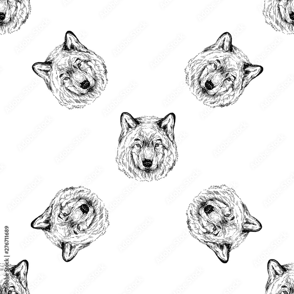 Seamless pattern of hand drawn sketch style portraits of wolf isolated ...