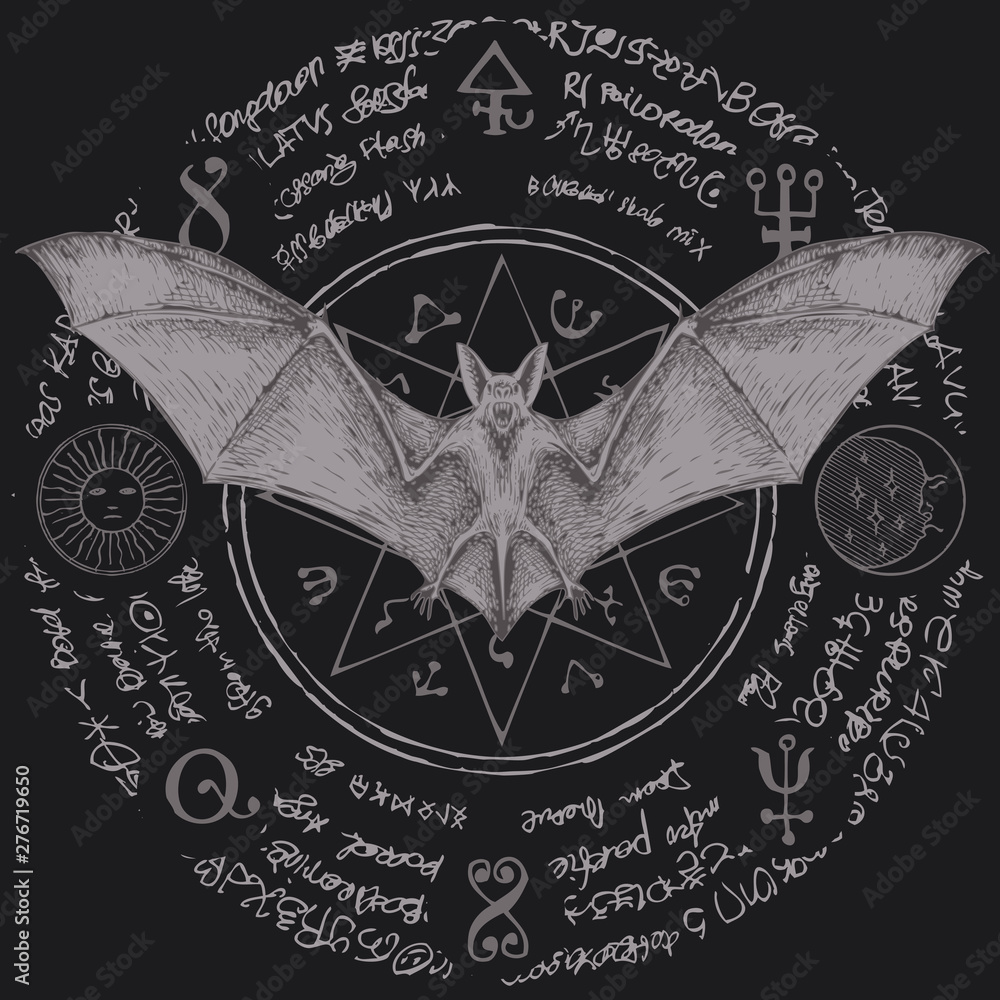 Vector illustration with a bat with open wings. Witchcraft magic ...