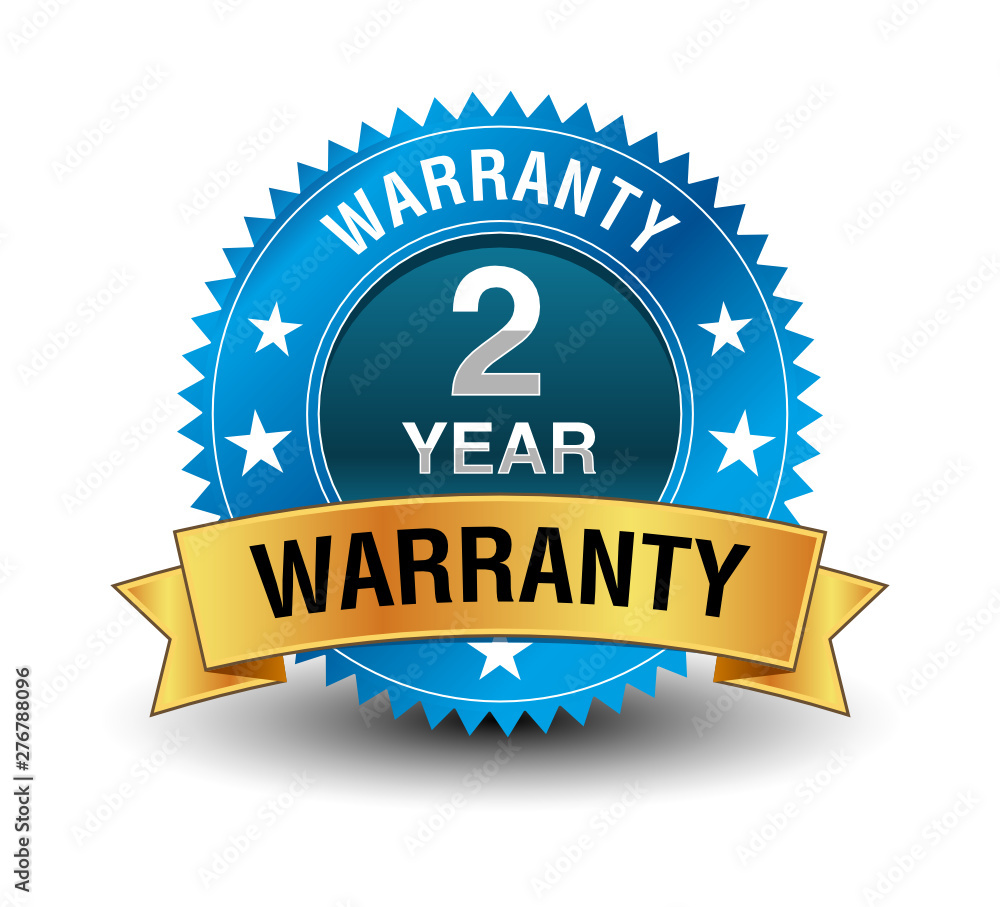 Blue powerful 2 year warranty badge with golden ribbon. Stock Vector ...