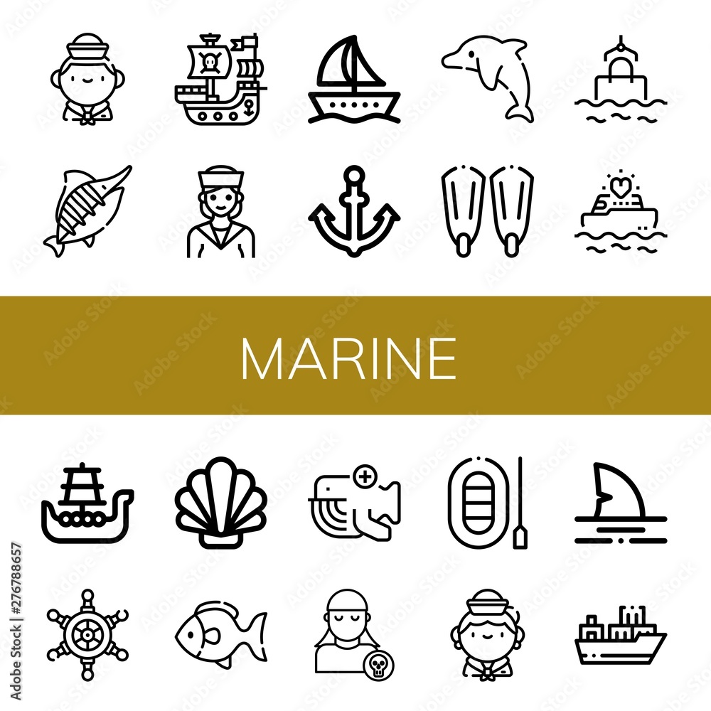 Set of marine icons such as Sailor, Marlin, Pirate ship, Boat, Anchor ...